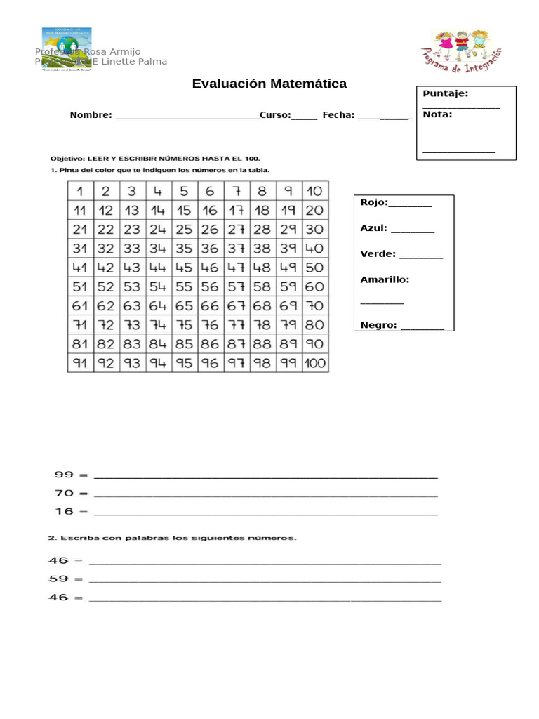 Prueba 1 Contar Hasta El 100 | PDF