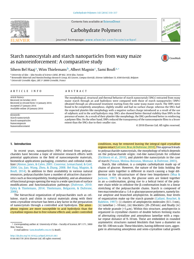 Bel Haaj Et Al., 2016. Starch Nanocrystals and Starch Nanoparticles ...