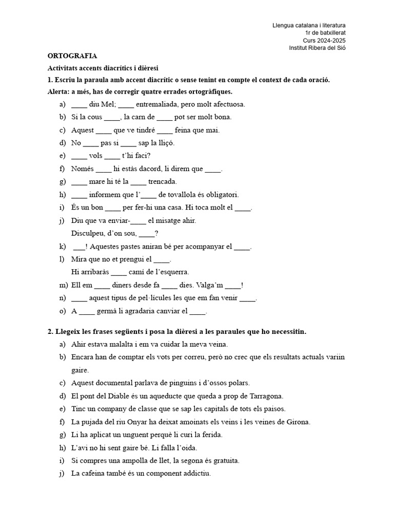 Activitats Accents Diacrítics I Dièresi | PDF