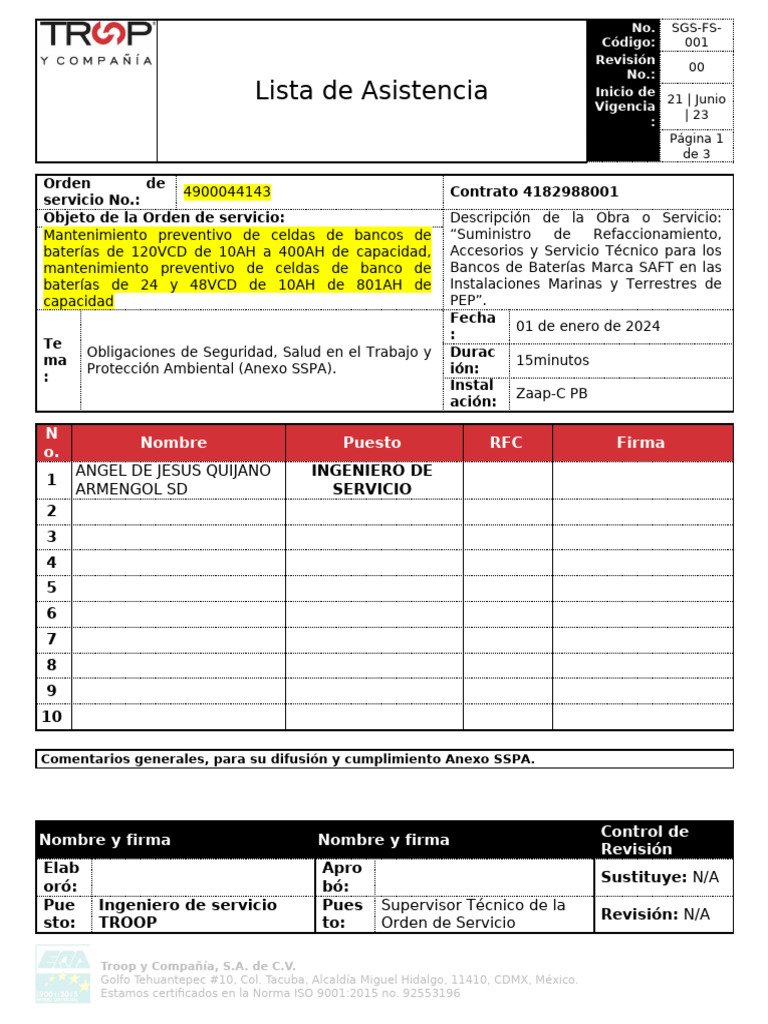 (SGS-FS-001) Lista de Asistencia Formato 01 | PDF