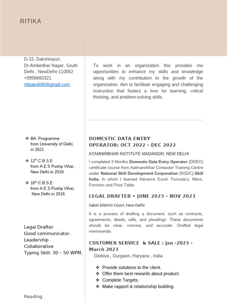 Resume Ritika Koli 2024 | PDF | Learning | Cognition