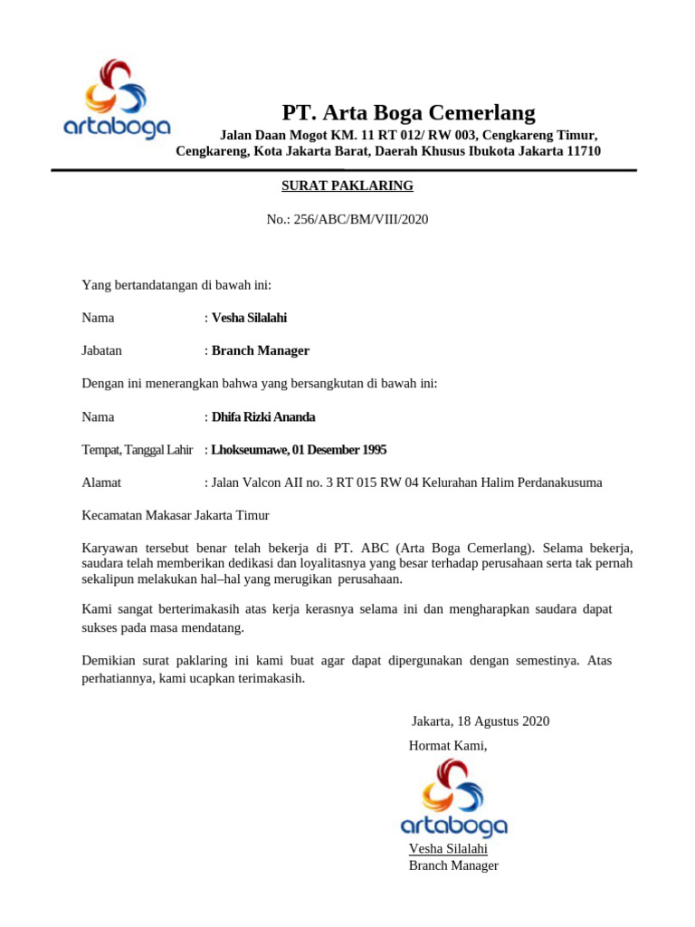 Surat Paklaring PT. Arta Boga Cemerlang | PDF