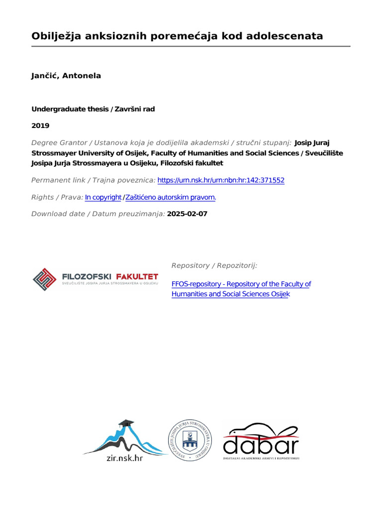 Anksiozni Poremeaeaji Kod Adolescenata Antonela Janeiae 1 | PDF