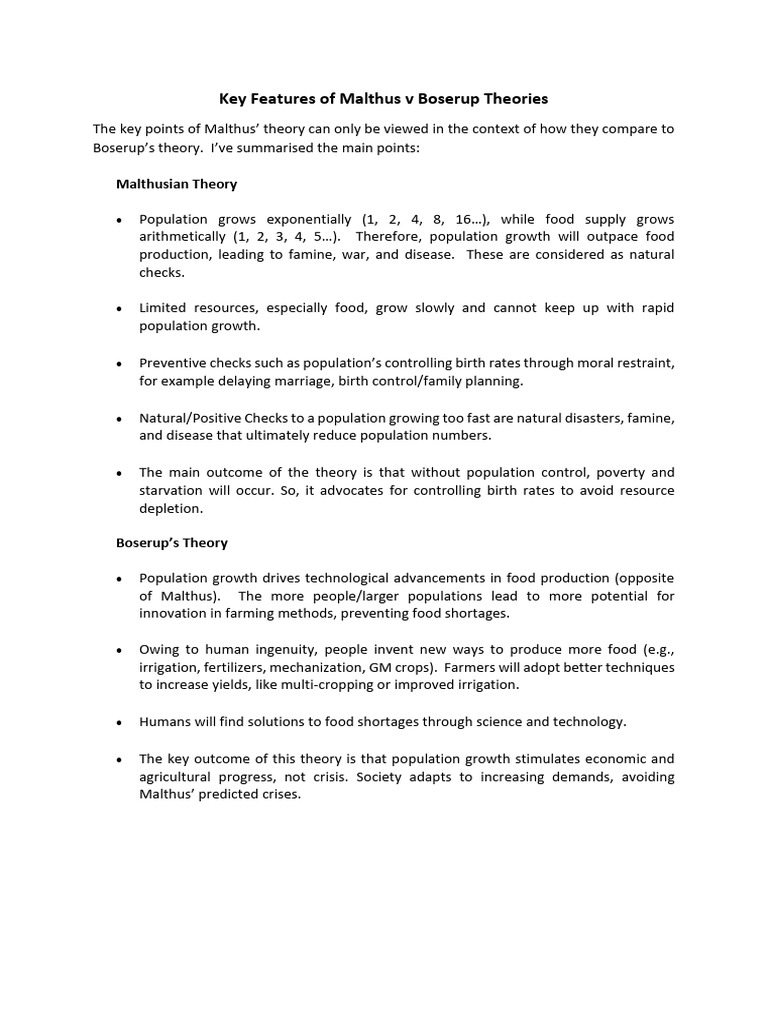 Key Features of Malthus V Boserup Theories | PDF | Agriculture ...