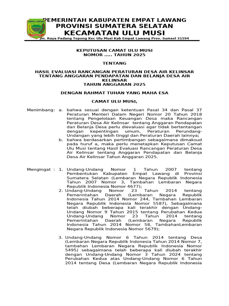 SK Camat Tentang Hasil Evaluasi Rancangan Perdes APBDes Kec Ulu Musi Tahun 2025 - 072306 | PDF