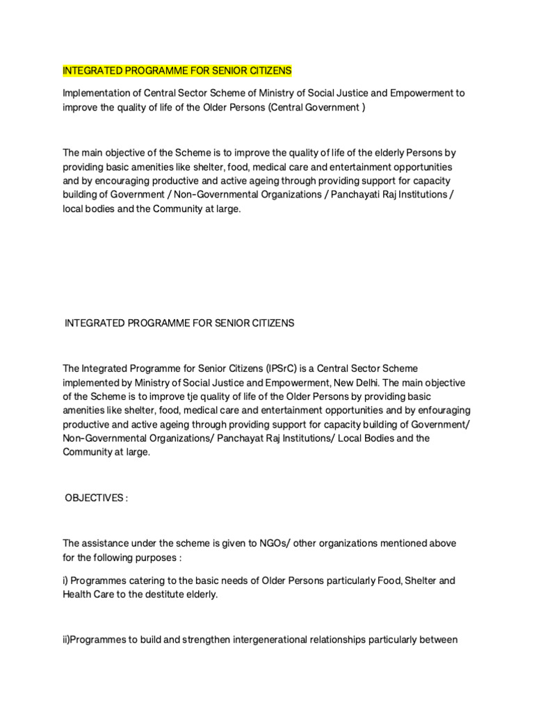 Integrated Programme for Senior Citizens | PDF | Non Governmental ...