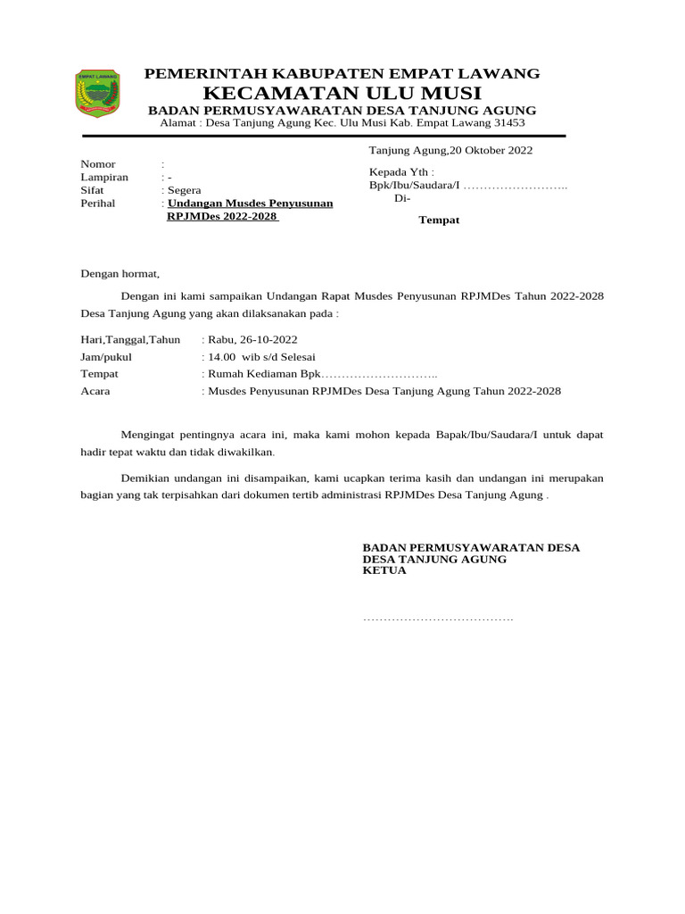 UNDANGAN MUSDES RPJMDES Dan RKPDes - 103330 | PDF