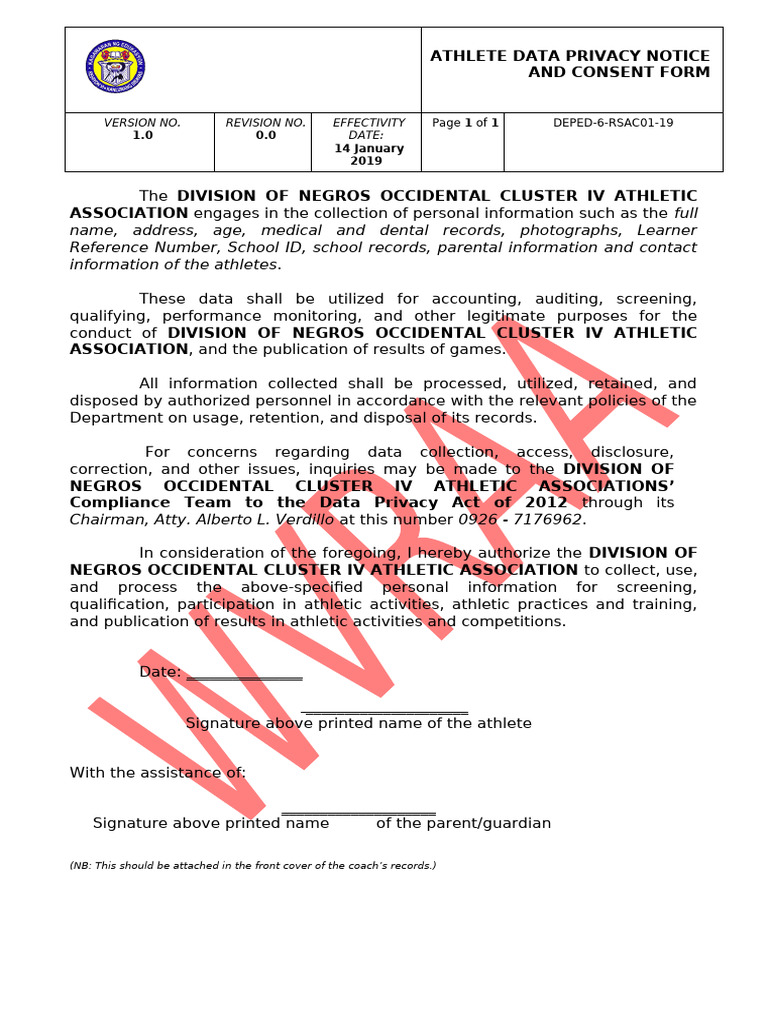 DATA PRIVACY - Atheletes Consent Form | PDF
