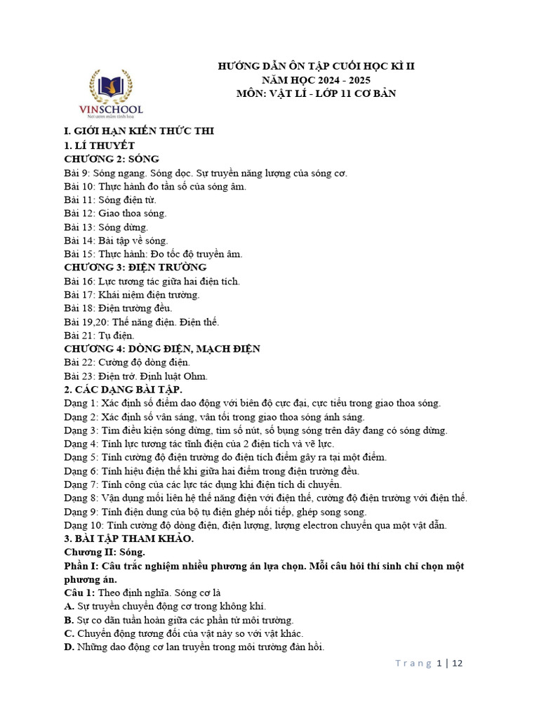HƯỚNG DẪN ÔN TẬP CUỐI HỌC KÌ II 11CB 2024 2025 | PDF
