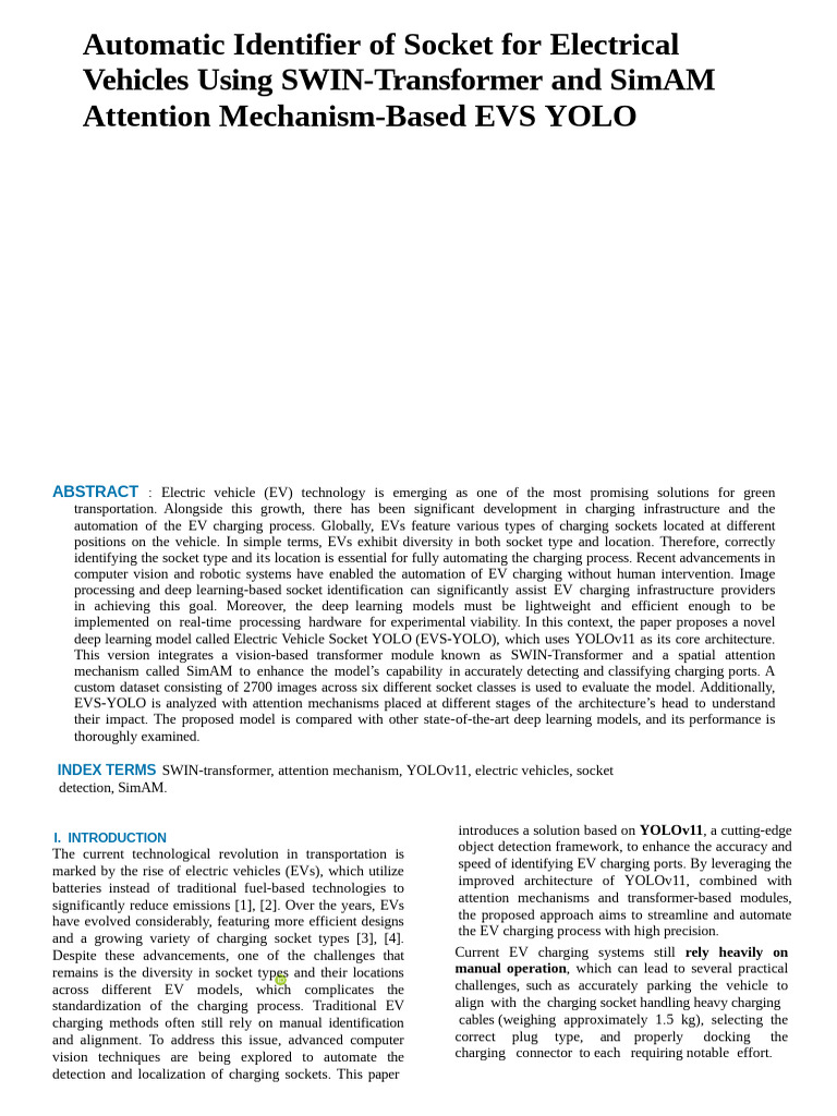 Automatic Identifier of Socket For Electrical Vehicles Using SWIN-Transformer and SimAM ...