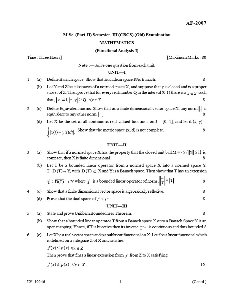 Functional Analysis Exam Paper | PDF | Banach Space | Operator ...
