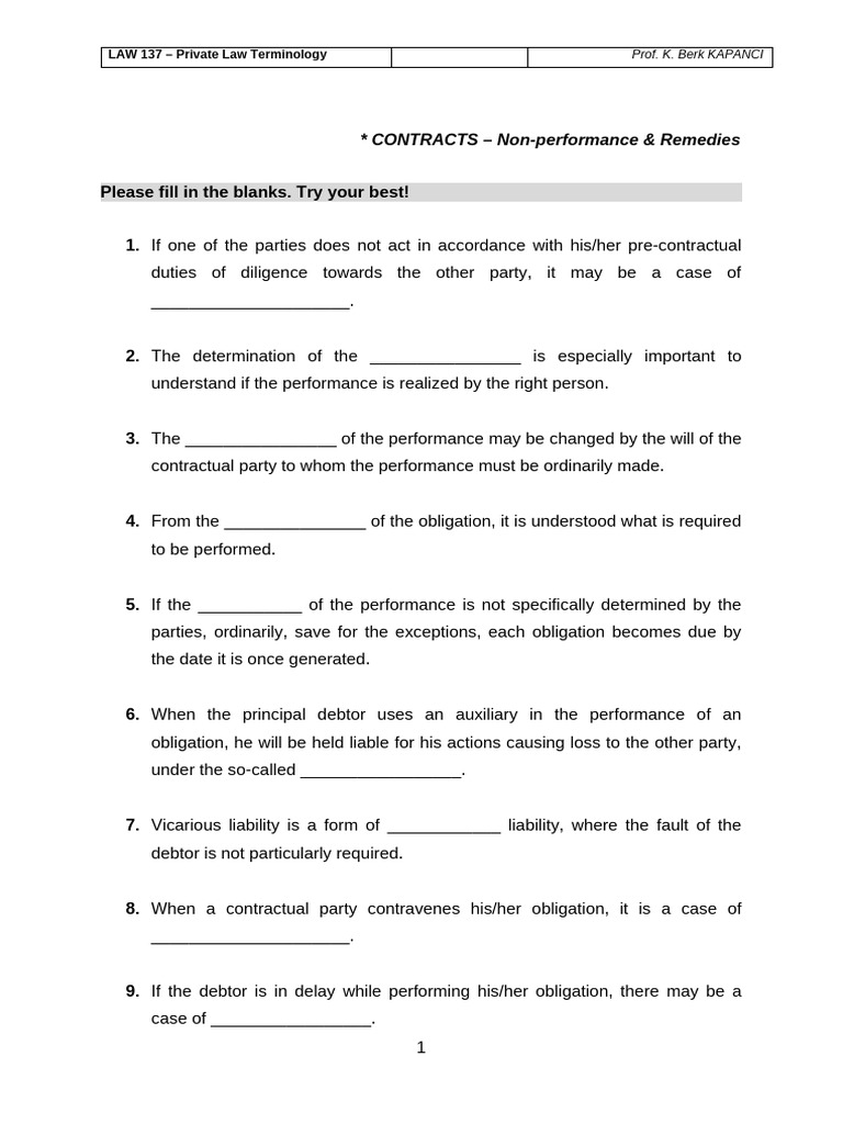 5- In class exercise N 4 - Contracts - Non-performance and remedies ...