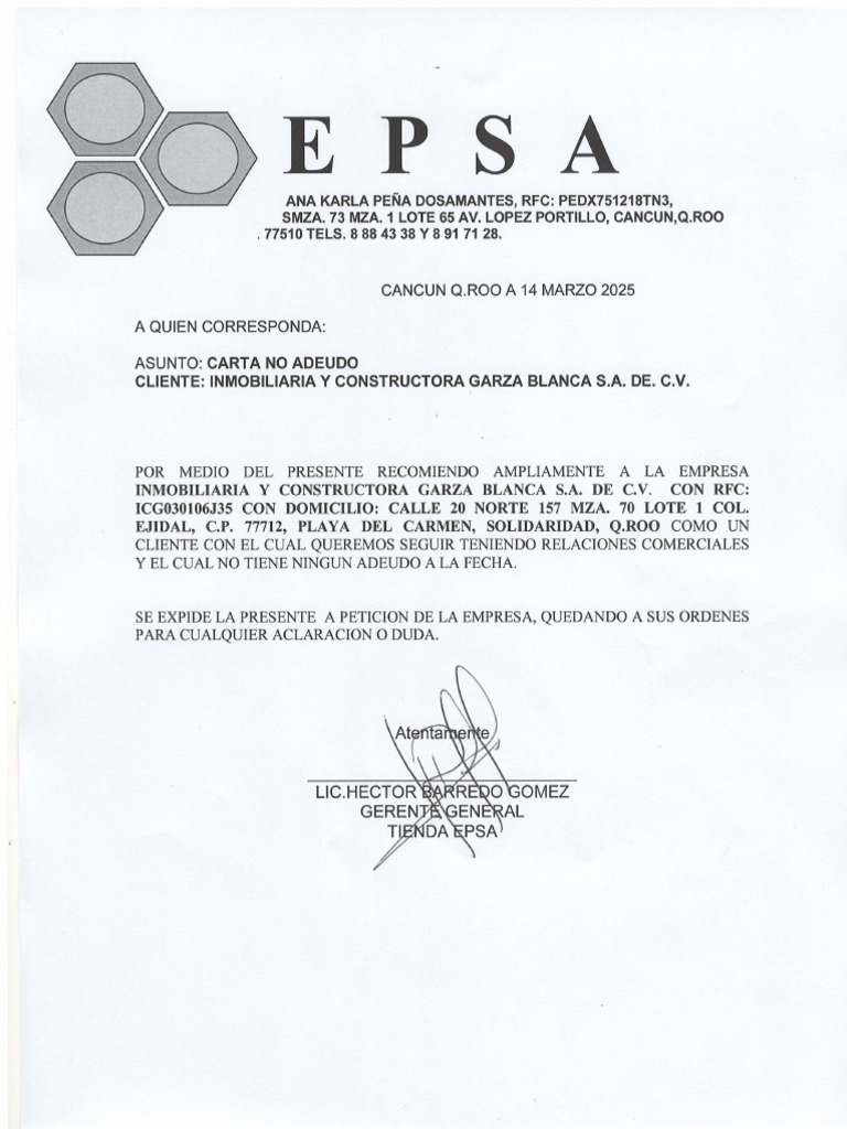 Carta No Adeudo Epsa | PDF