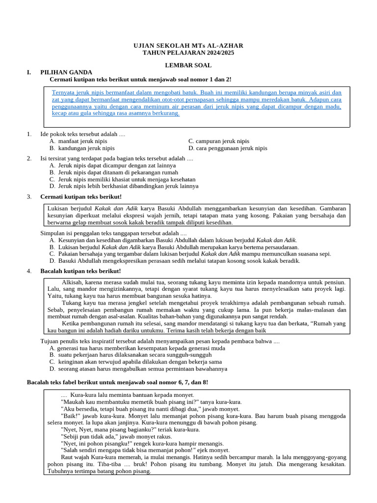 UJIAN SEKOLAH MTs AL-AZHAR | PDF
