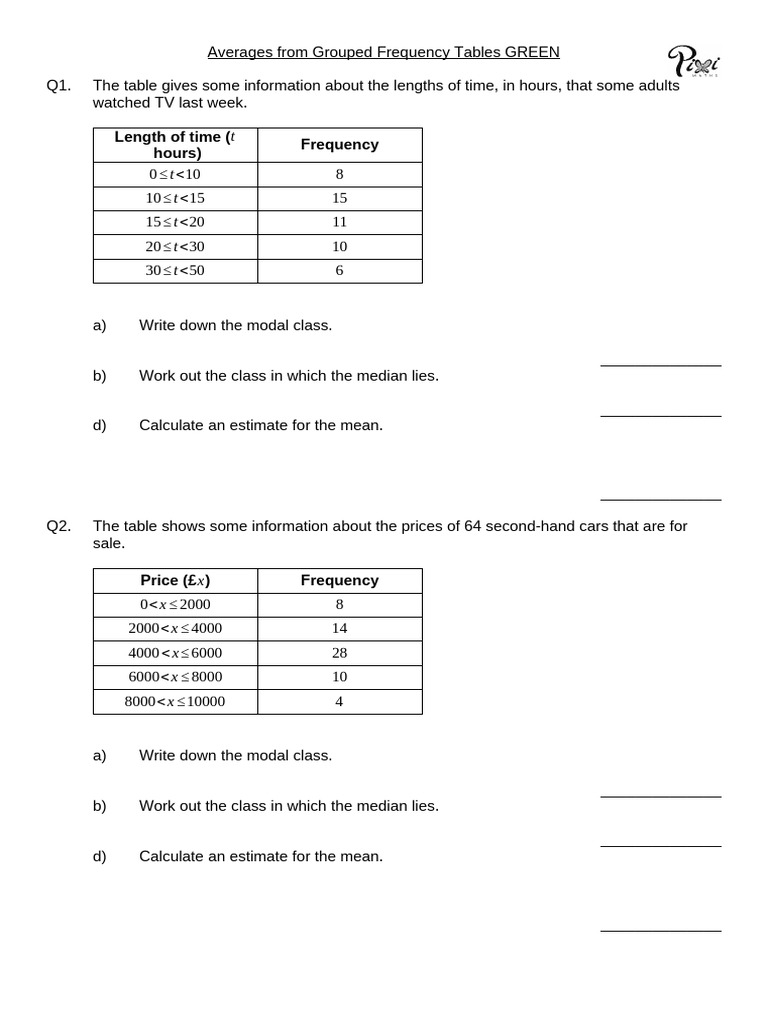 Averages from Grouped Frequency Tables R | PDF