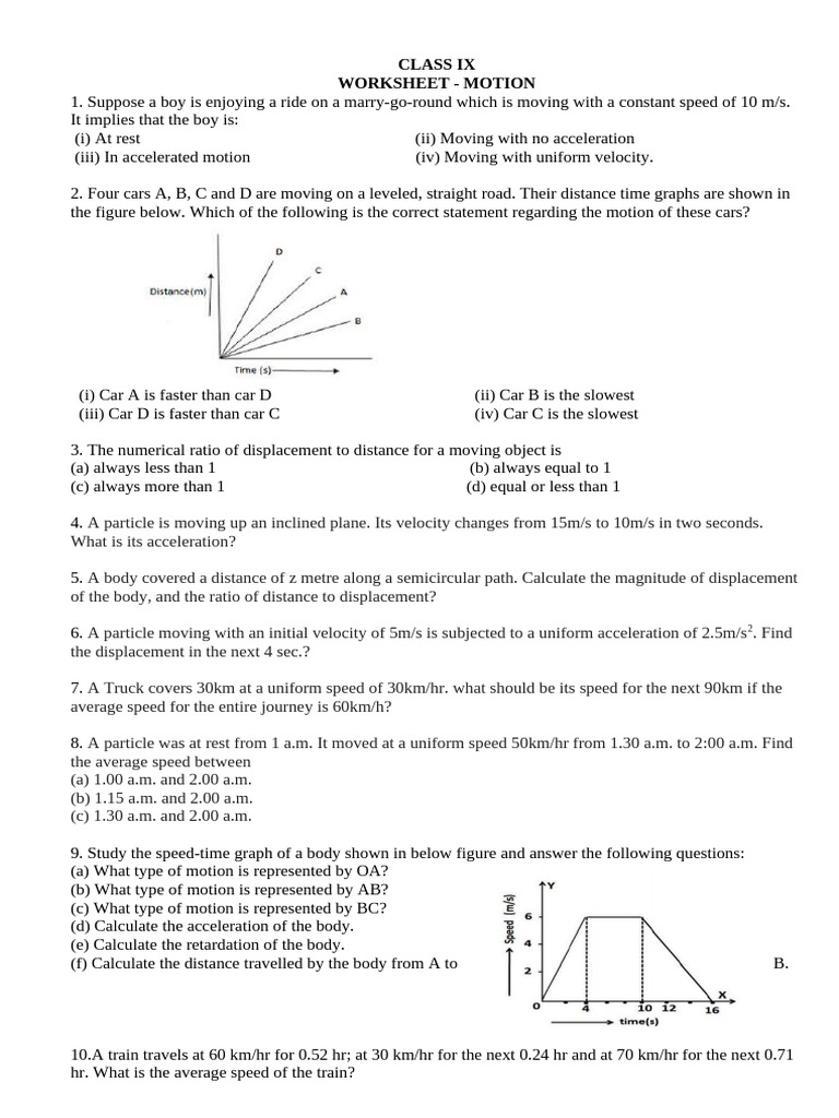 Class IX Motion Worksheet Questions | PDF