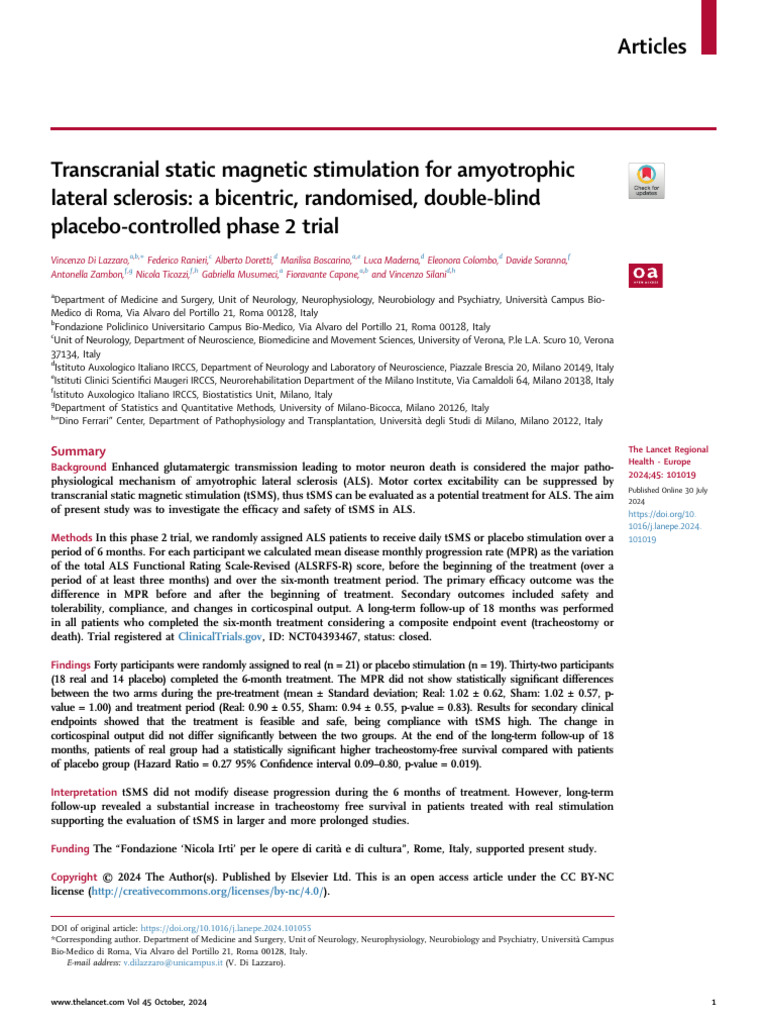 Transcranial Static Magnetic Stimulation For Amyotrophic - 2024 - The ...