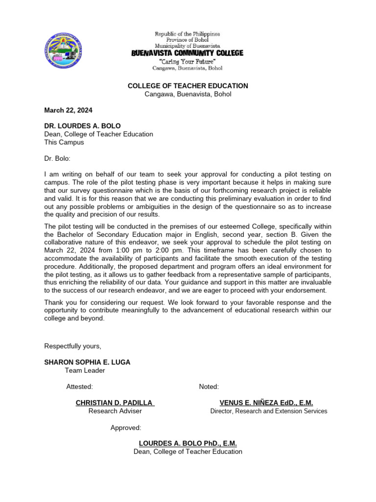 New Letter Fir Pilot Test Within Campus | PDF