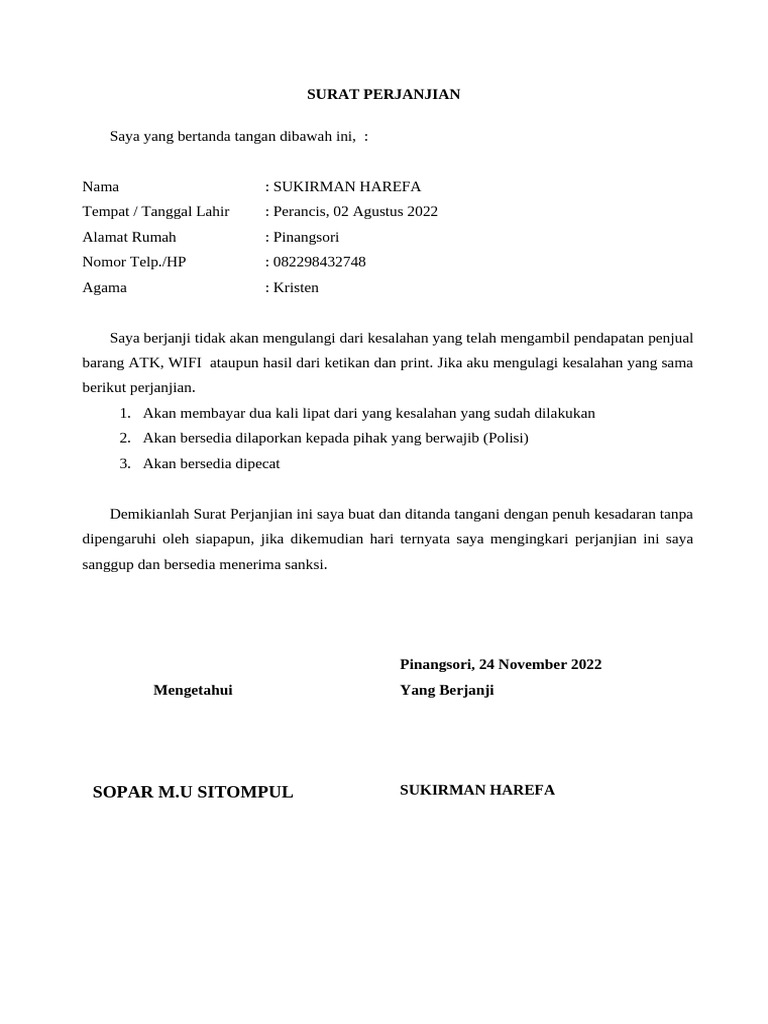 Surat Perjanjian Sukirman Harefa | PDF