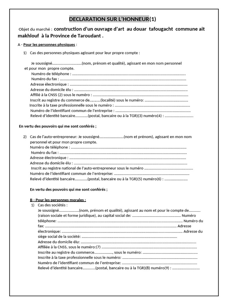 Déclaration sur l'honneur pour marché public | PDF