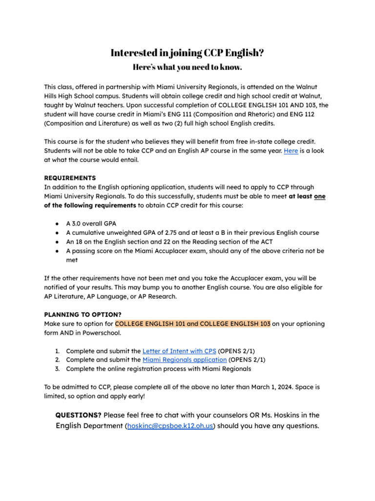 Miami CCP English Enrollment Guide | PDF