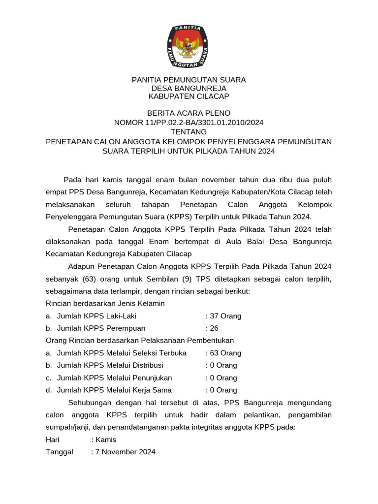 0 Berita Acara PPS Penetapan KPPS Terpilih | PDF