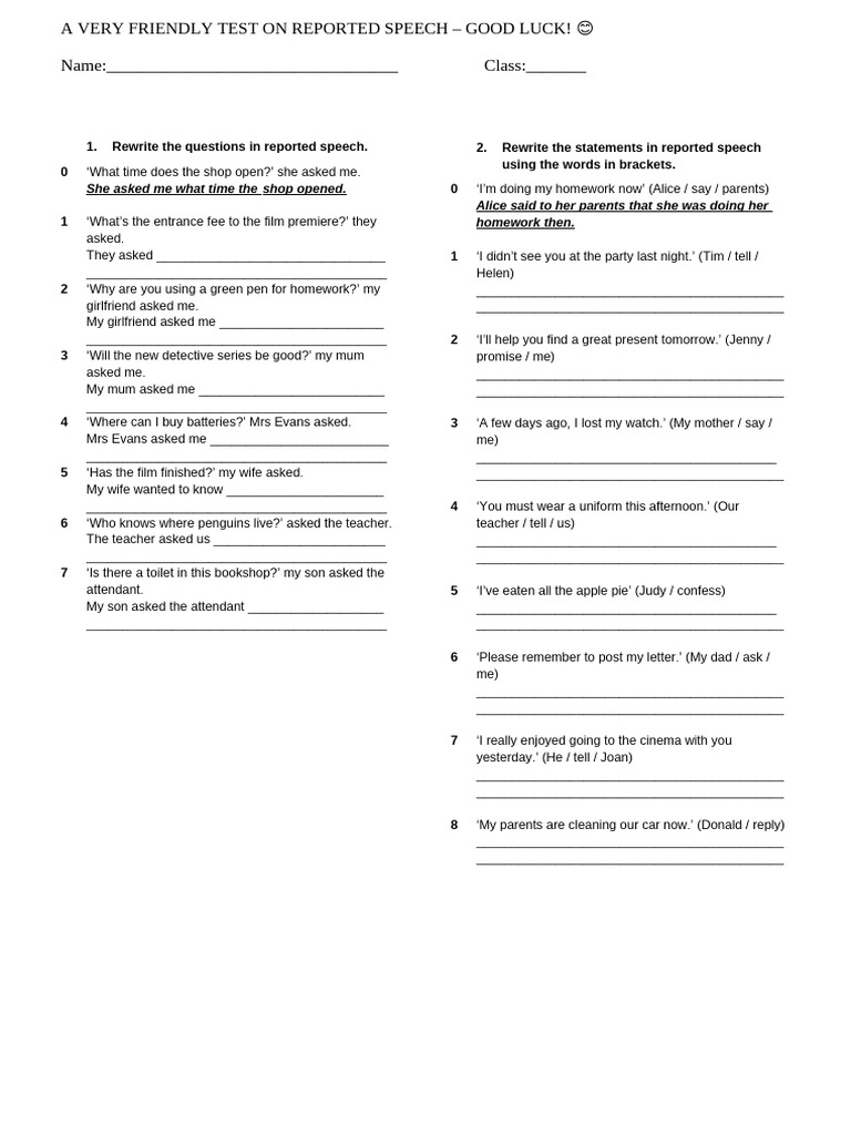 Reported Speech Practice Test | PDF