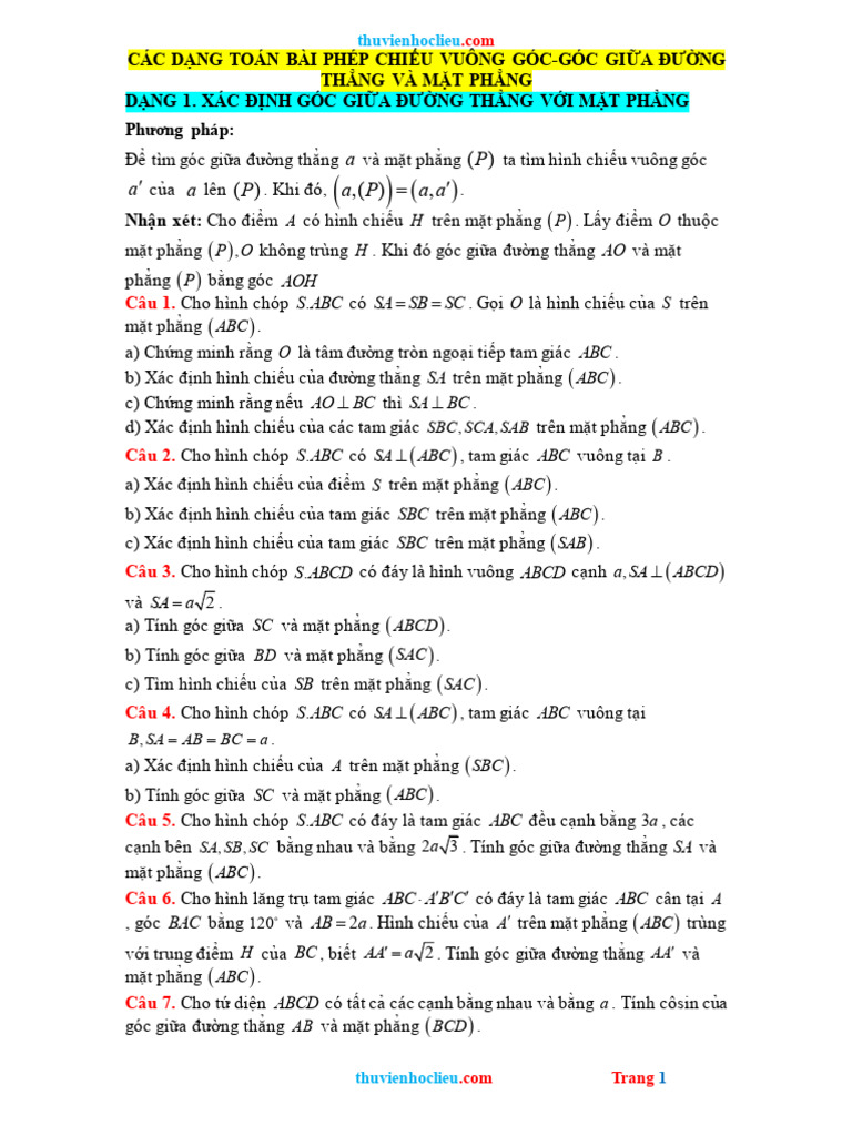 Cac Dang Toan Bai Phep Chieu Vuong Goc Goc Giua Duong Va Mat Phang | PDF