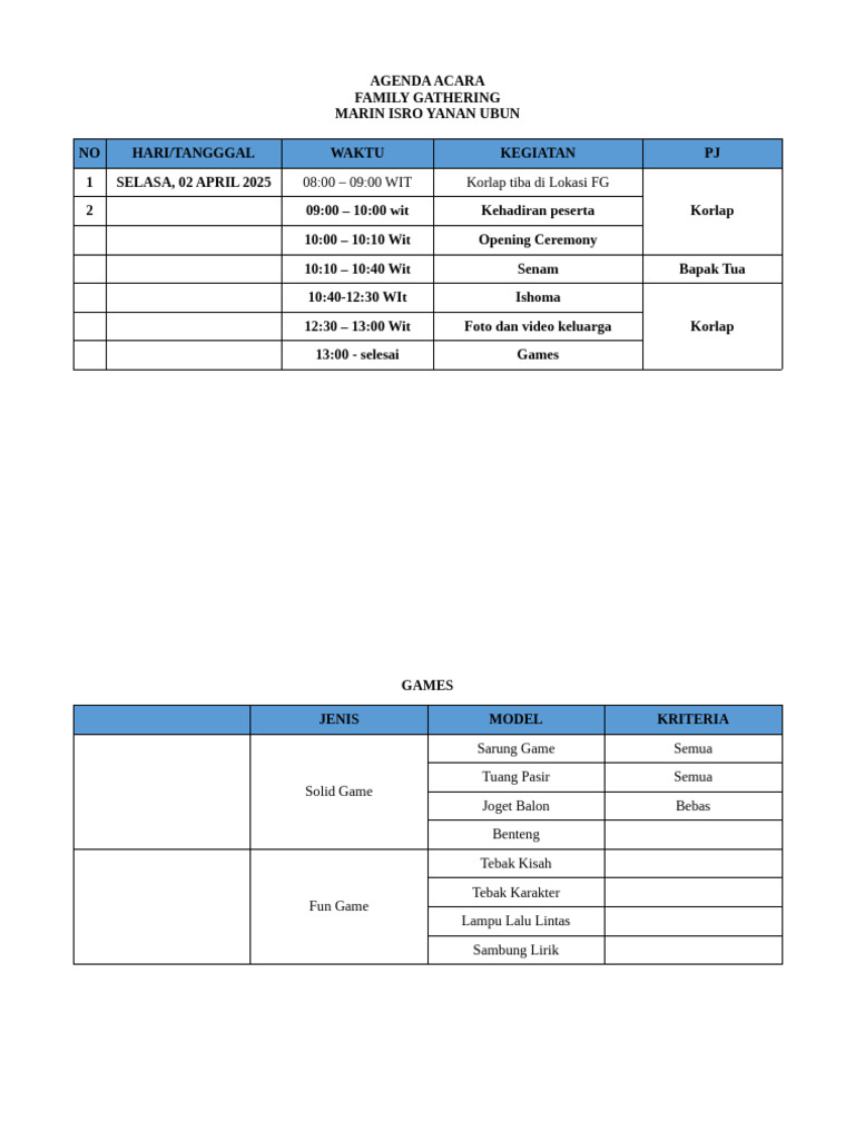 Family Gathering Agenda 2025 | PDF
