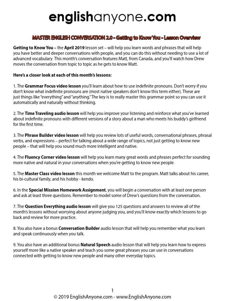 Getting To Know You Lesson Overview PDF | PDF | Question | Pronoun
