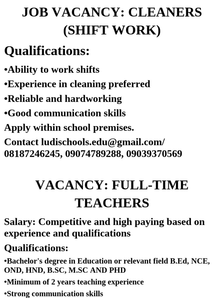 Job Vacancies: Cleaners & Teachers | PDF