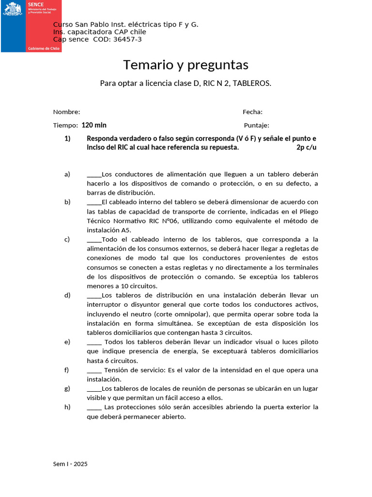 Preguntas RIC 2, Tableros. | PDF | Corriente eléctrica | Conductor electrico