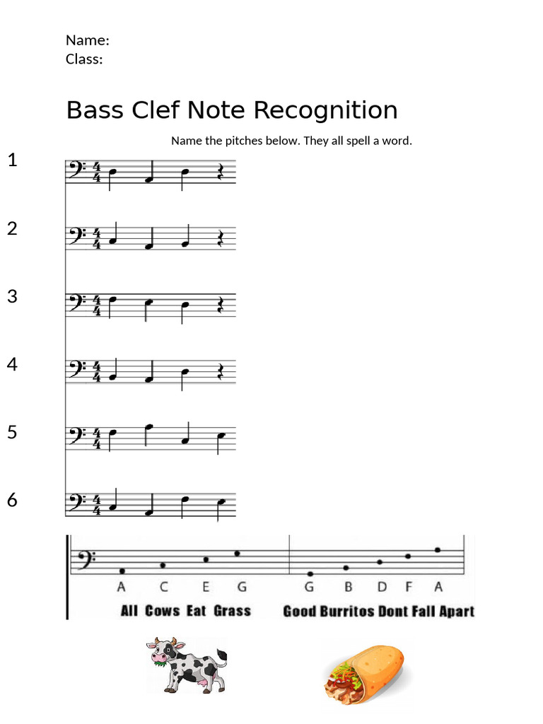 Bass Clef Note Recognition homework | PDF
