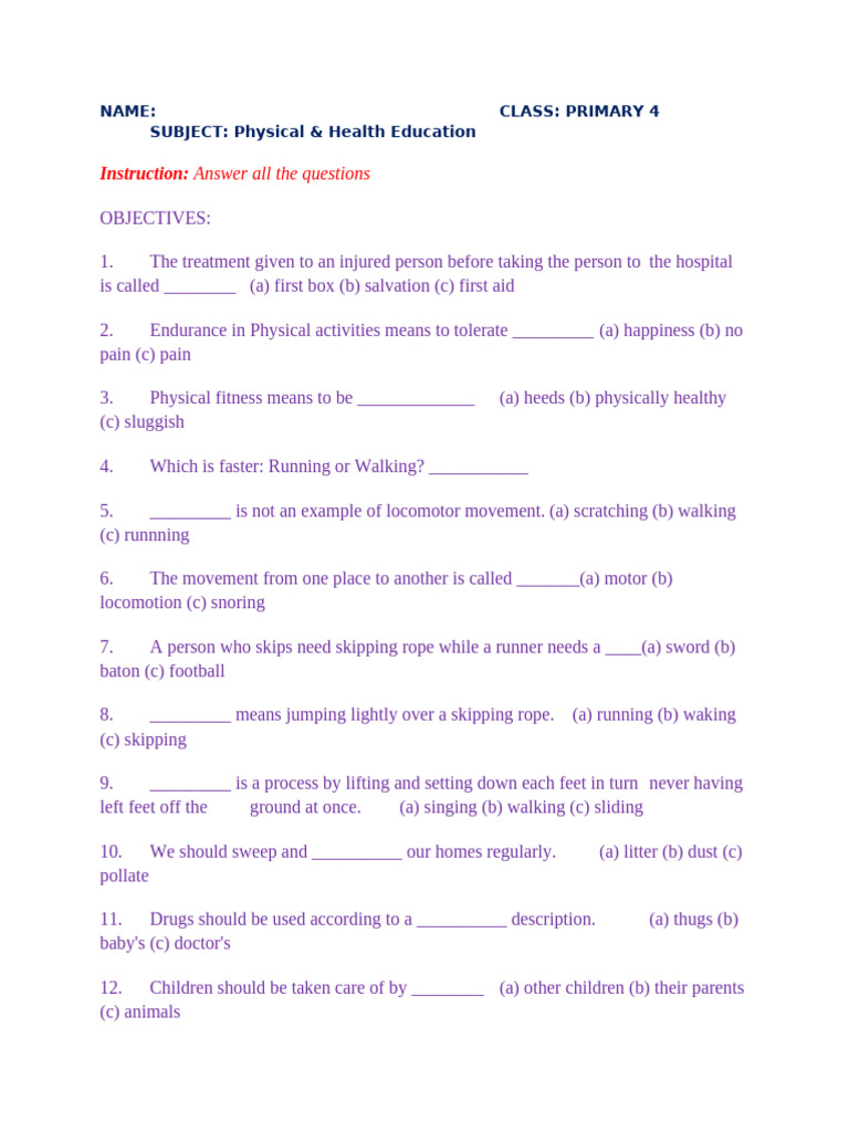 Primary 4 PHE First Term Exam Questions | PDF