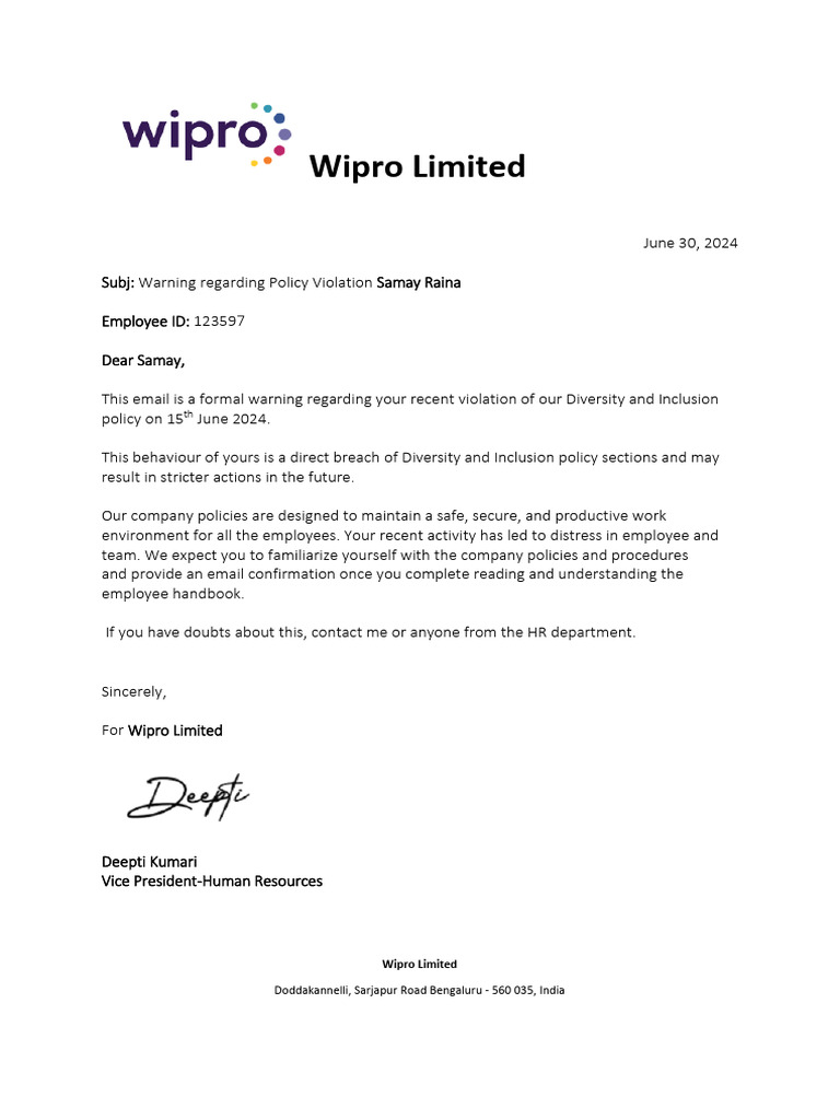Wipro Warning Letter Sample | PDF