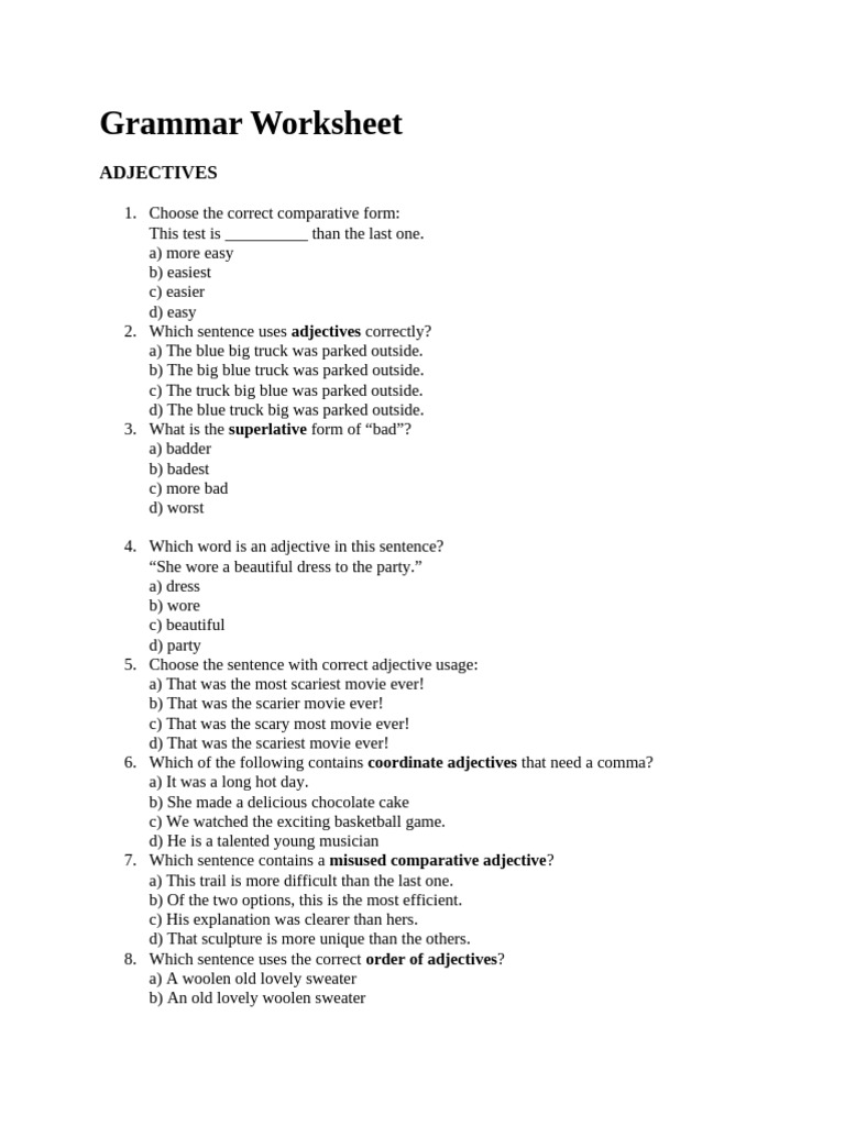 Grammar Adjectives Worksheet pract. | PDF | Adjective | Linguistic ...