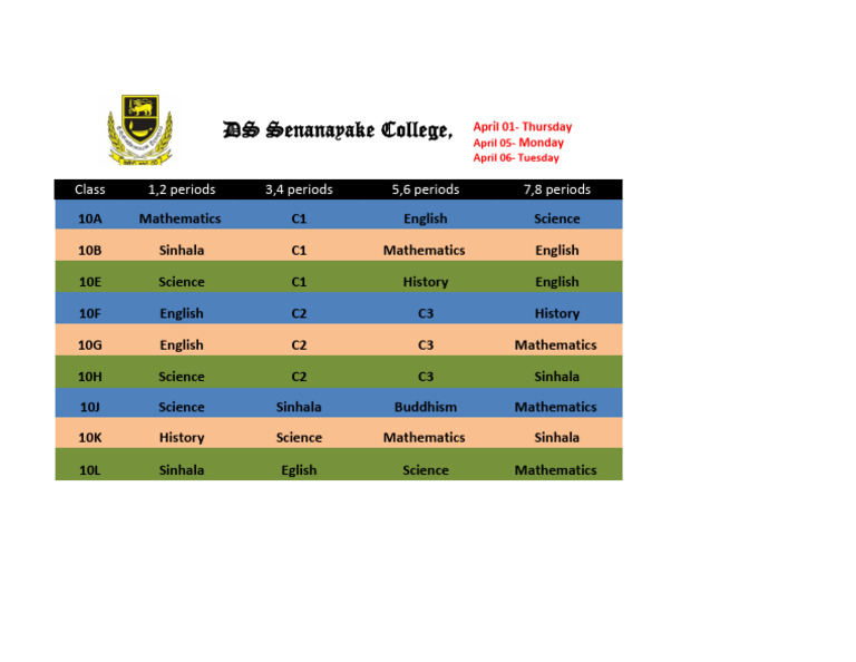 Grade 10-Class Time Table (Thursday, Monday, Tuesday) | PDF