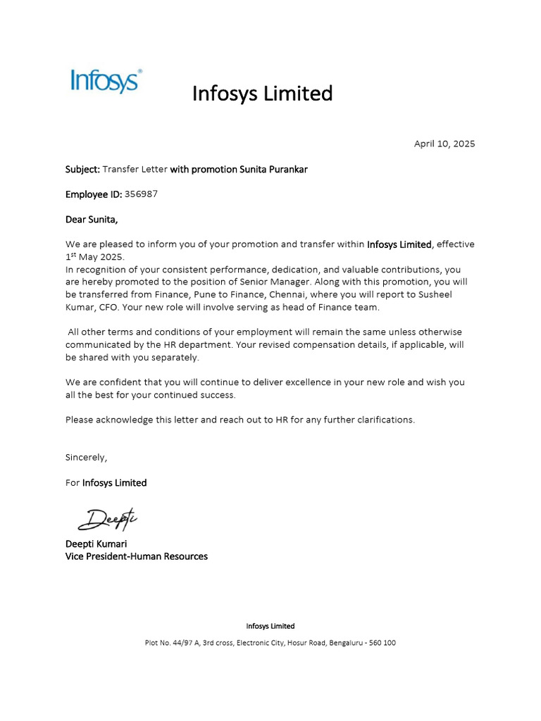 Infosys Transfer Letter Sample | PDF