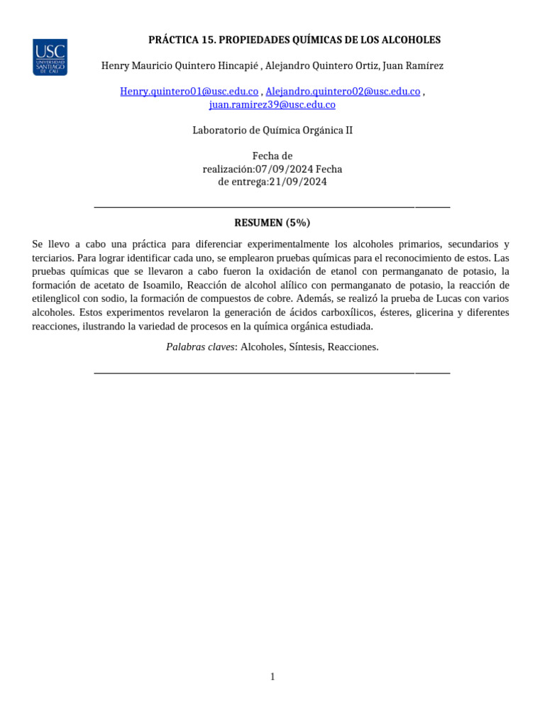 Practica 2. Propiedades Quimicas de Los Alcoholes Organica 2 | PDF | Compuestos químicos | Ester