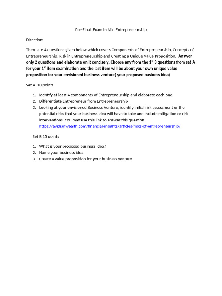 Pre Final Exam in Mid Entrepreneurship | PDF