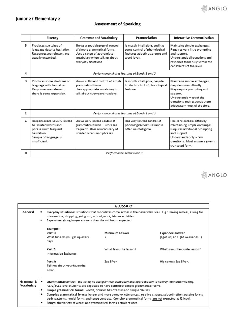 Junior 2 Speaking Assessment Guide | PDF | Question | Grammar