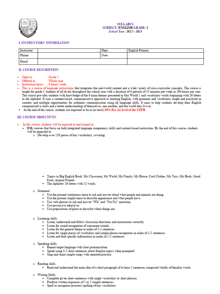 2223 Grade 1 Syllabus | PDF | Vocabulary | Reading Comprehension