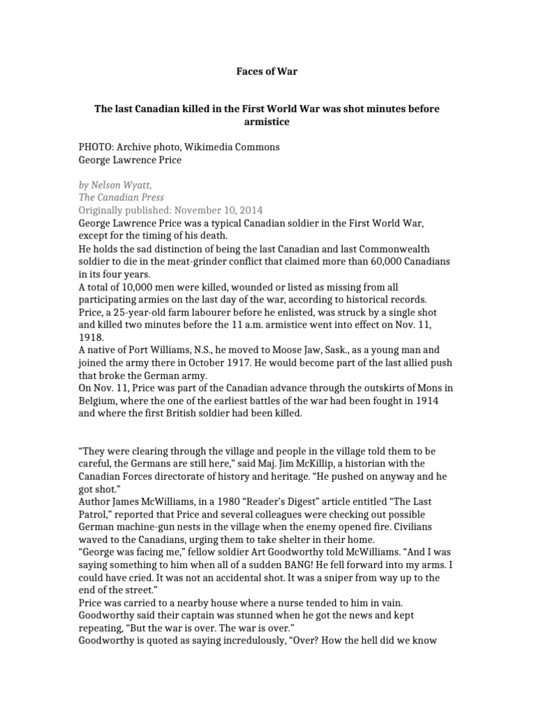 Last Canadian Soldier Killed in WW1 | PDF | Conflicts | Military Operations