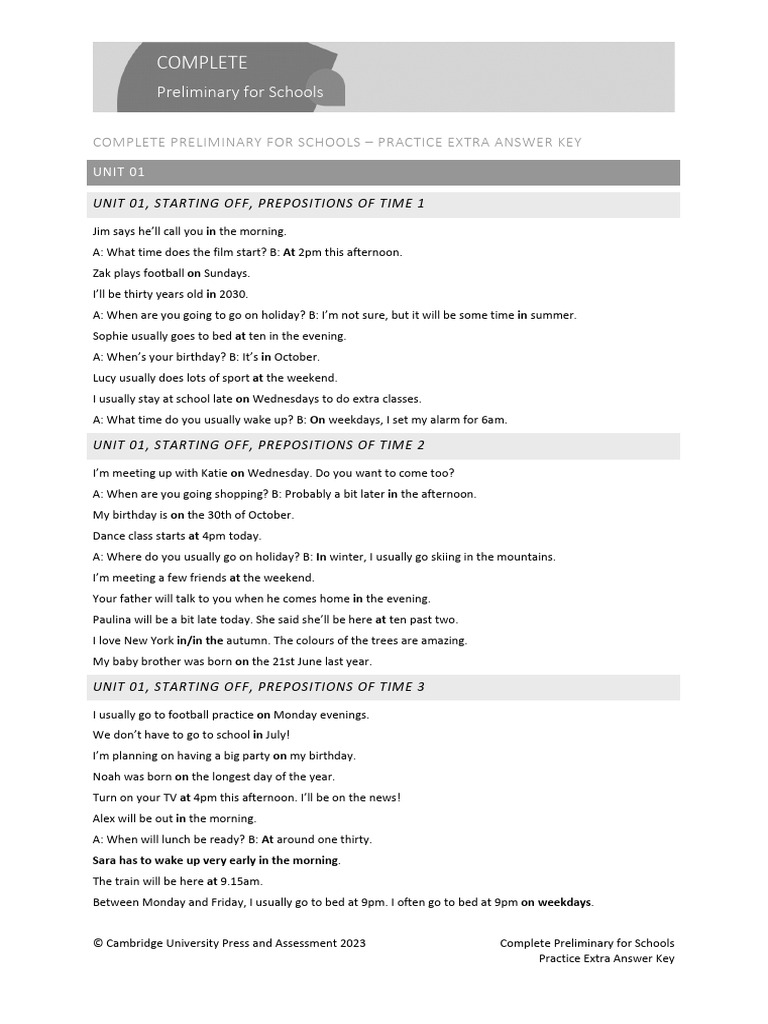 Complete Preliminary For Schools Practice Extra Answer Key | PDF | Workweek And Weekend