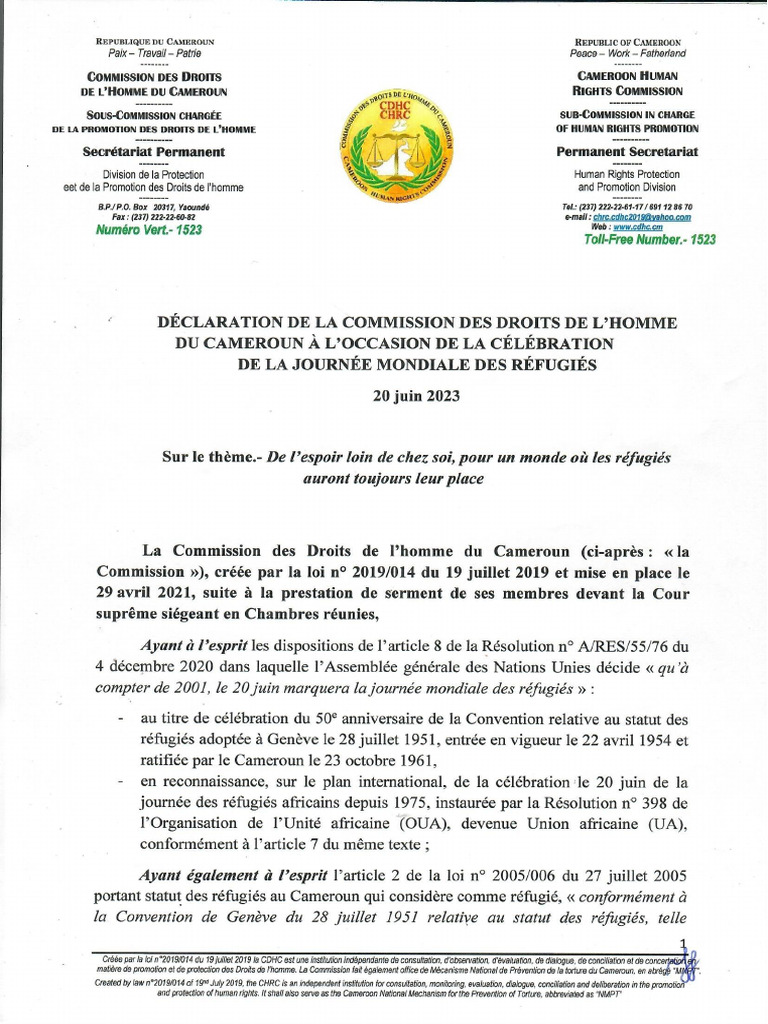 Déclaration de La Cdhc à l’Occasion de La Célébration de La Journée Mondiale Des Réfugiés, 20 ...