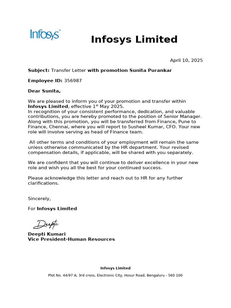 Promotion and Transfer Letter for Sunita | PDF