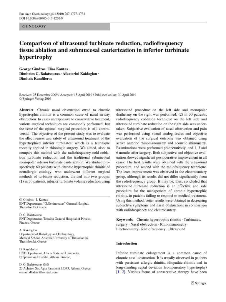 Comparison of Ultrasound Turbinate Reduction, Radiofrequency Tissue ...