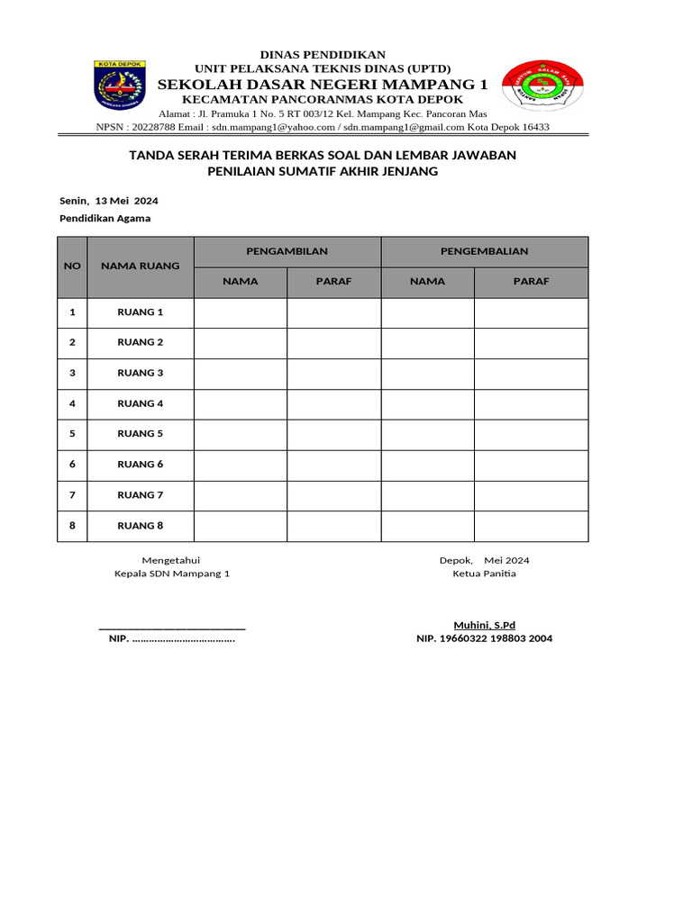 Tanda Terima Soal Penilaian SD Mampang | PDF