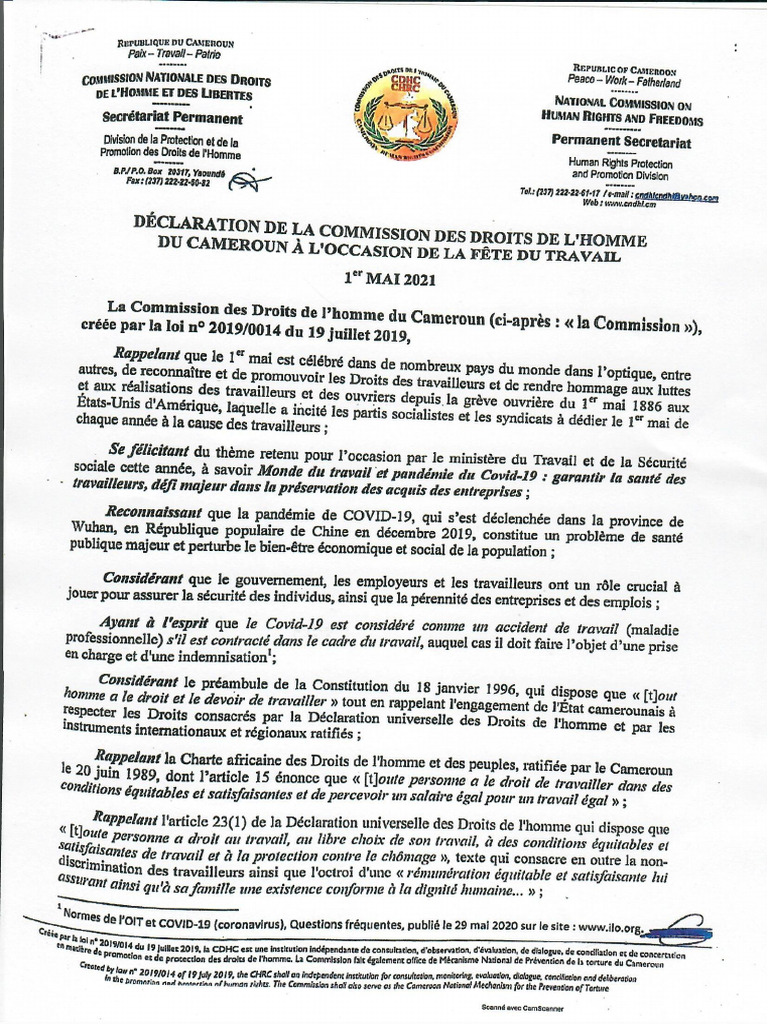 Declaration de La CDHC A L'occasion de La Fete Du Travail, 1er Nai 2021 | PDF