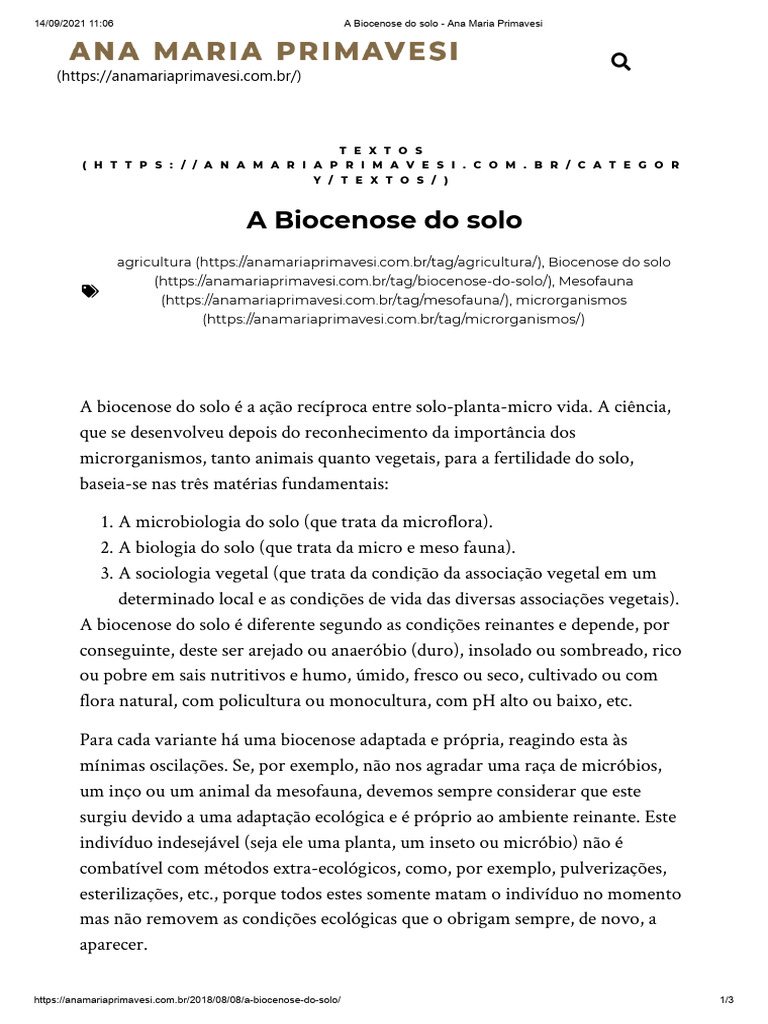 A Biocenose Do Solo - Ana Maria Primavesi | PDF | Solo | Microrganismo